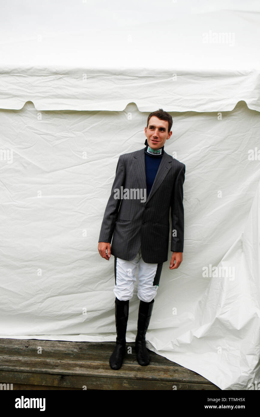 USA, Tennessee, Nashville, Iroquois Steeplechase, a jockey poses in ...