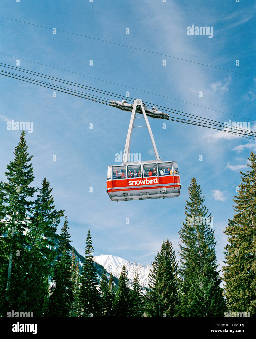 USA, Utah, the snowbird tram transports skiers to the top of the ...