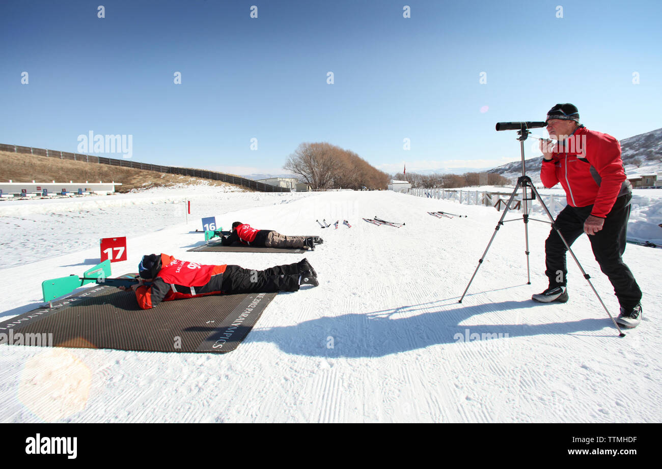 USA, Utah, Midway, Soldier Hollow, learning how to Biathlon, shooting ...