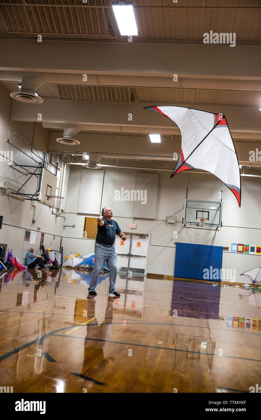 USA, Washington State, Long Beach Peninsula, indoor kite flying ...