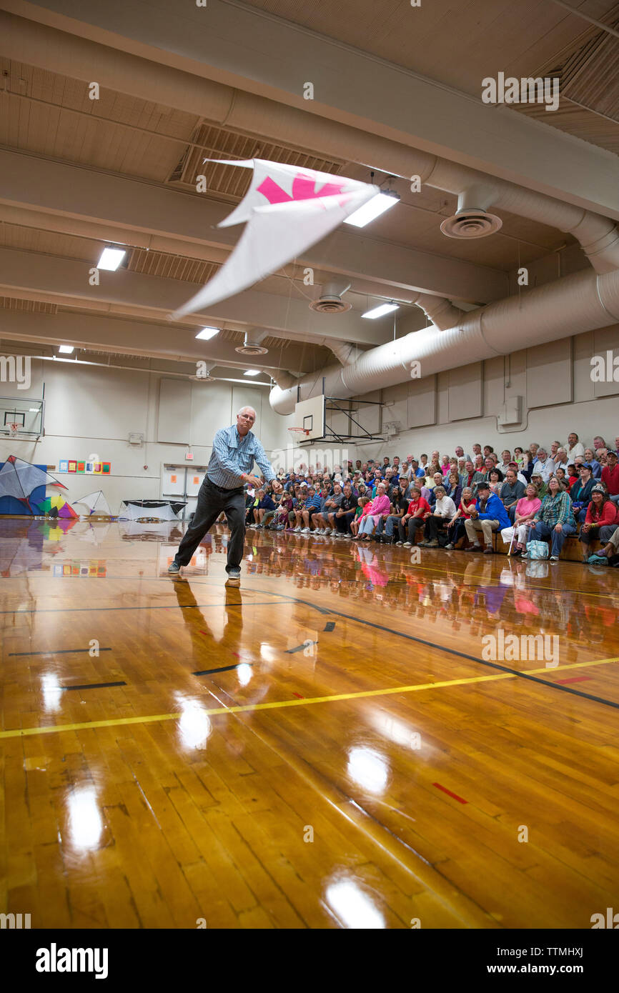 USA, Washington State, Long Beach Peninsula, indoor kite flying ...