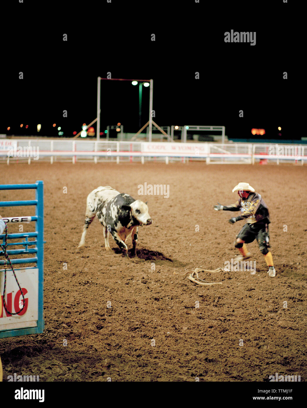 USA, Wyoming, rodeo clown and bull, Cody Rodeo Stock Photo - Alamy