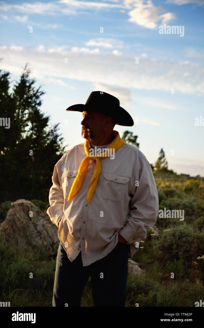 USA, Wyoming, Encampment, silhouette of a cowboy at sunset, Abara Ranch ...