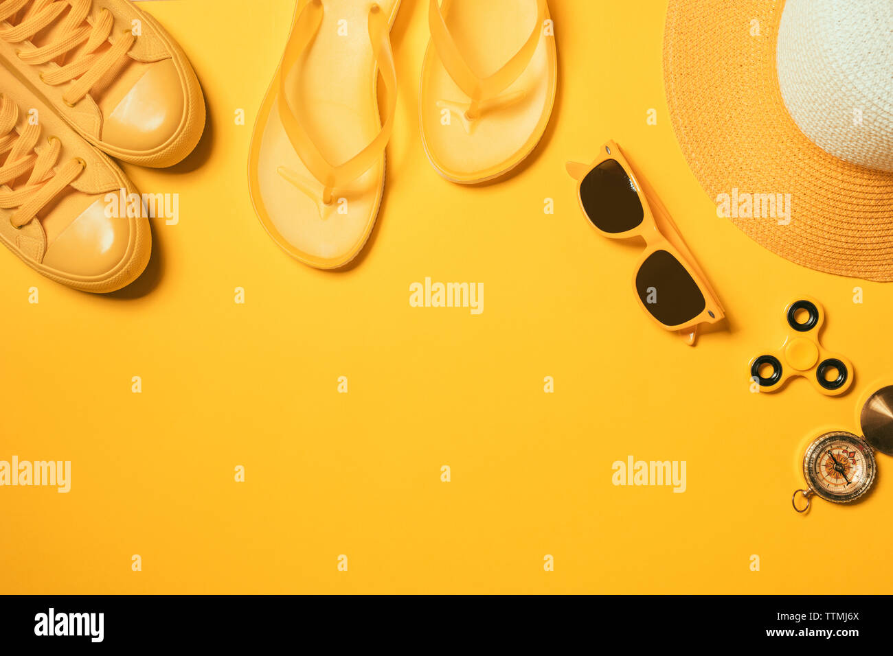 Summertime vacation accessories flat lay top view of objects prepared ...