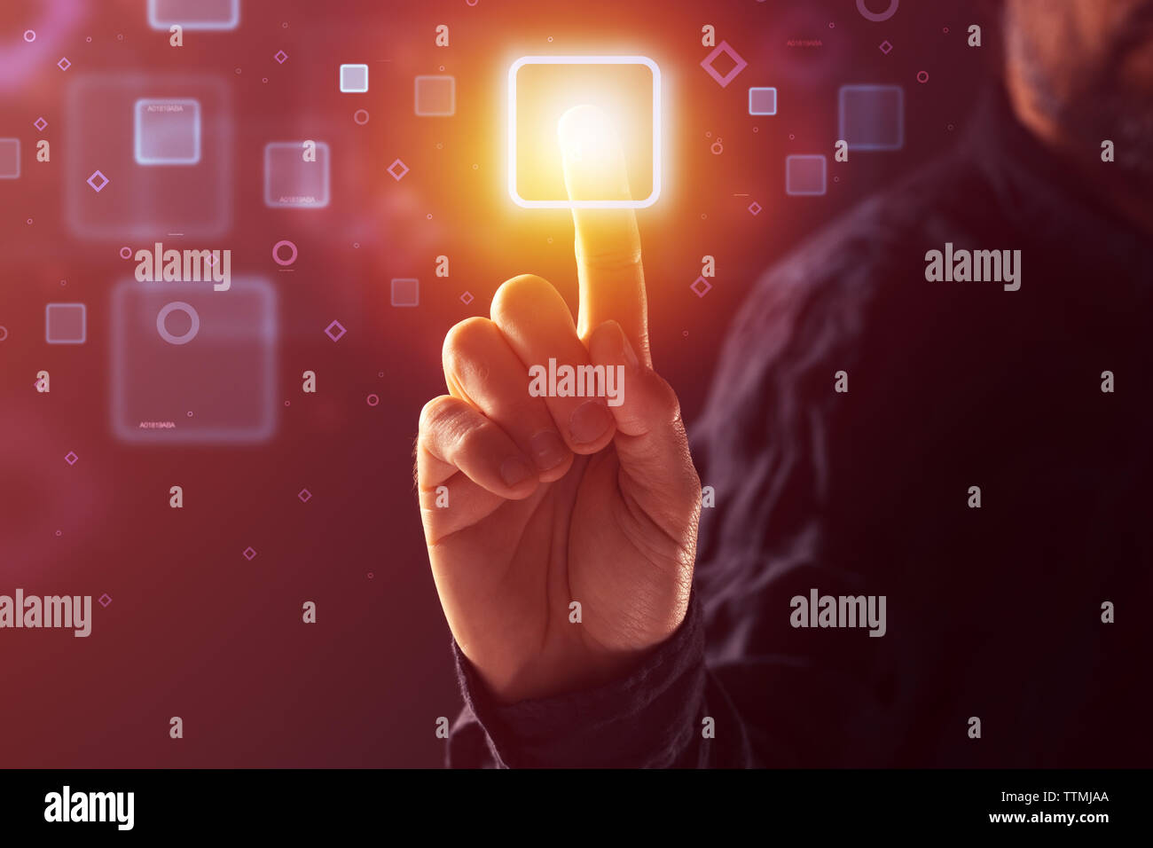 Touchscreen interface concept, man pushing virtual screen menu button ...