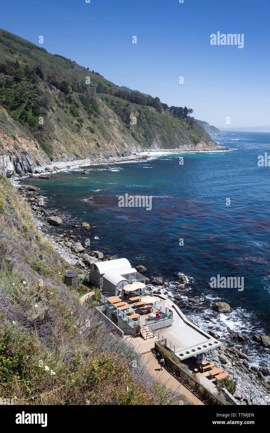 USA, California, Big Sur, Esalen, the hot spring baths and bath house ...