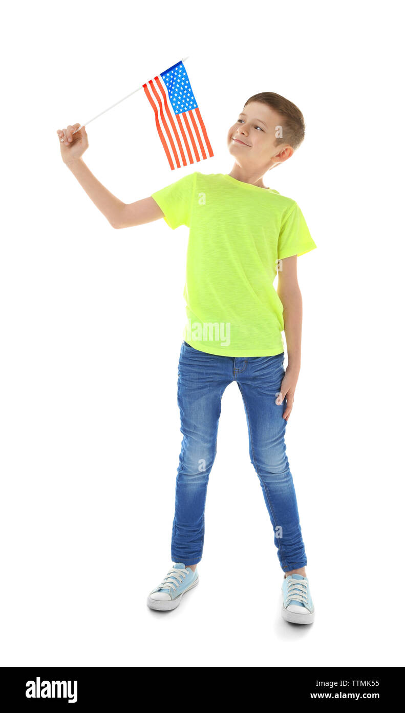 Boy and American flag on white background Stock Photo - Alamy