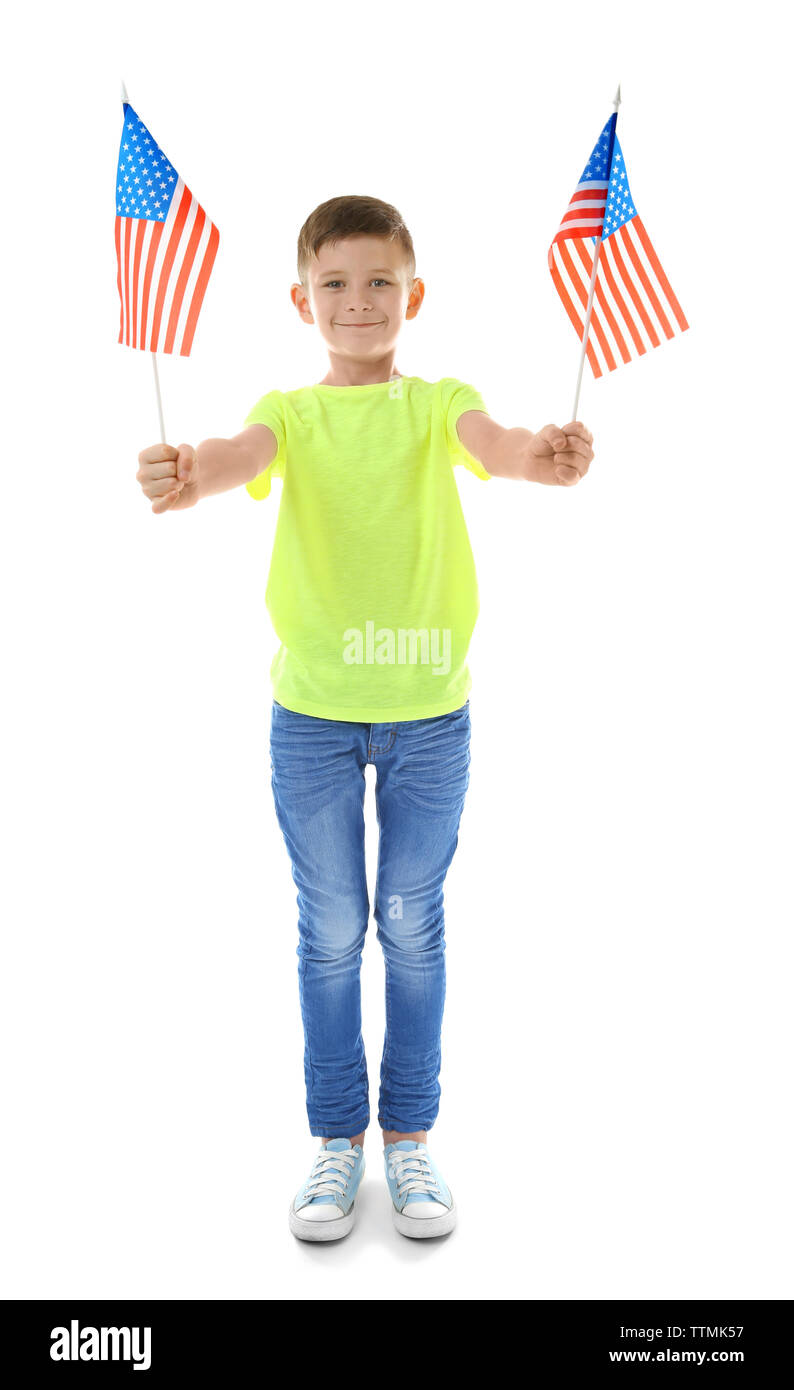 Boy and American flags on white background Stock Photo - Alamy
