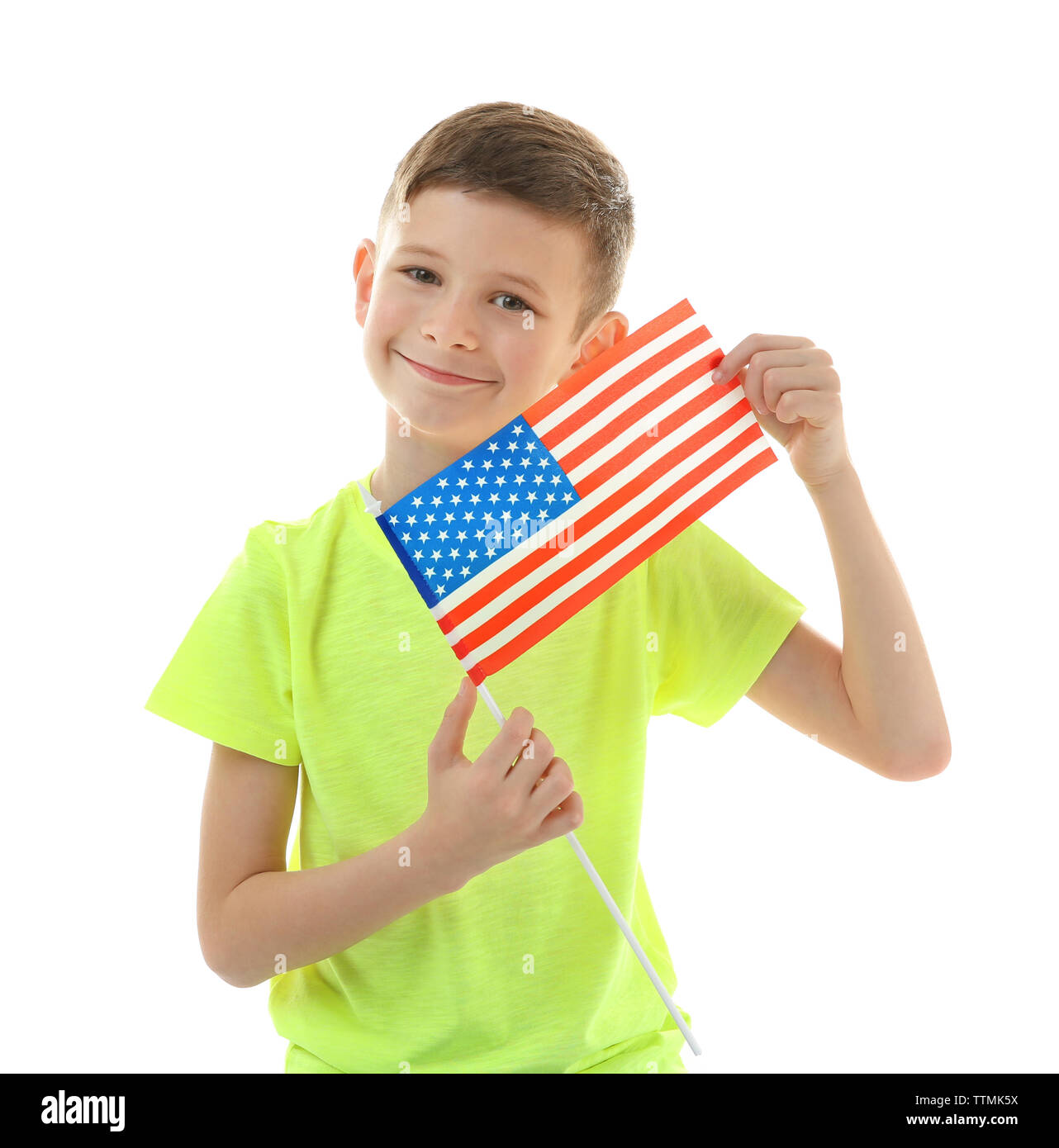 Boy and American flag on white background Stock Photo - Alamy