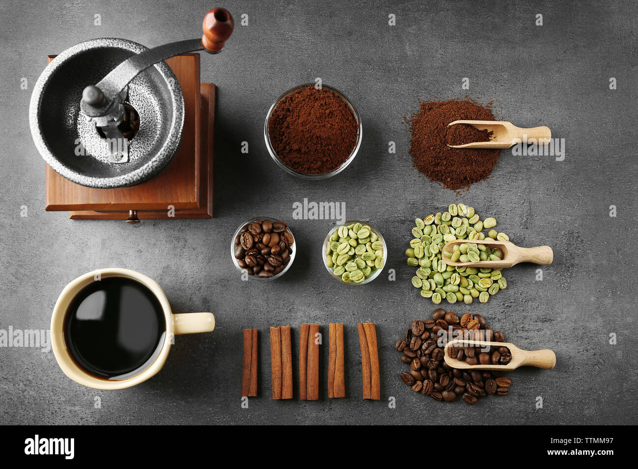 Coffee composition on grey background Stock Photo - Alamy
