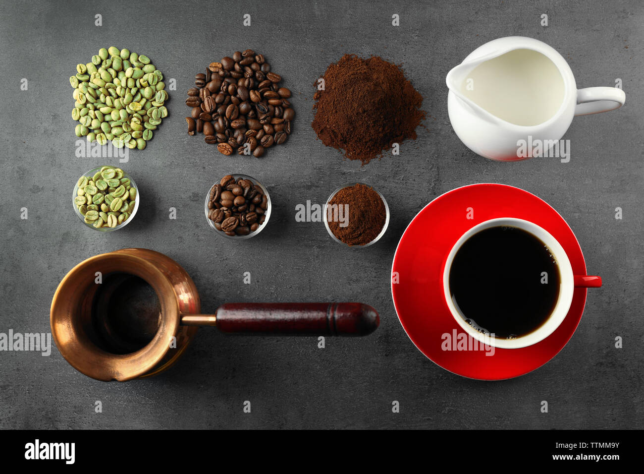 Coffee composition on grey background Stock Photo - Alamy