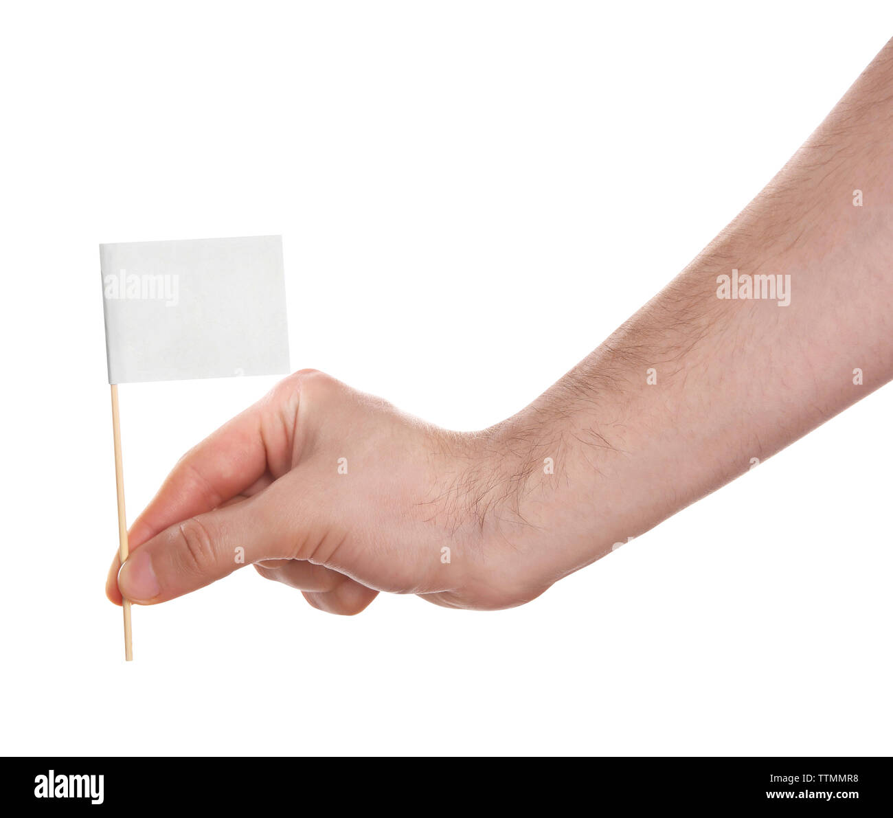 Man hand holding white flag, isolated on white Stock Photo - Alamy
