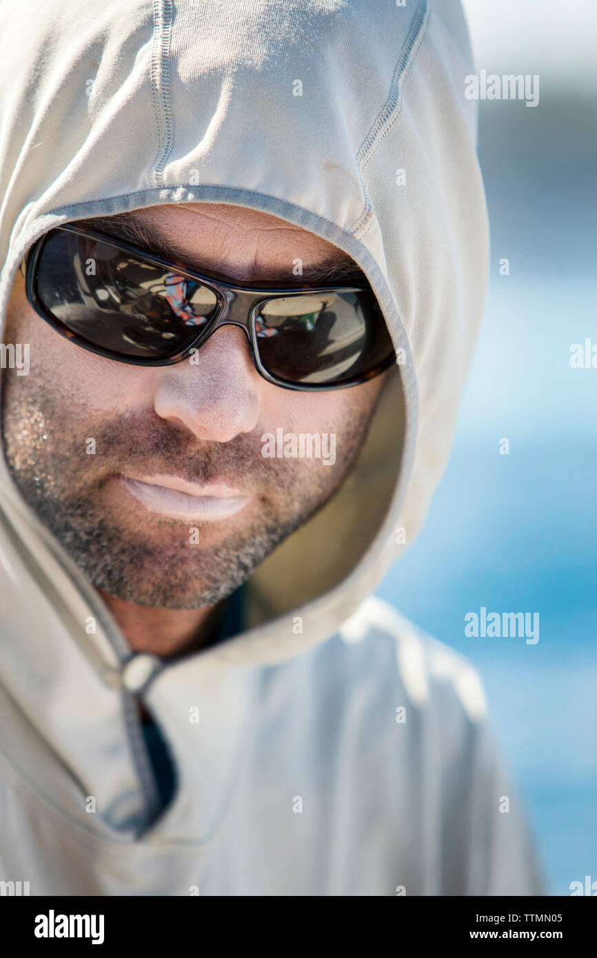 USA, HAWAII, Maui, Jaws, big wave surfer Kohl Christensen on the boat ...
