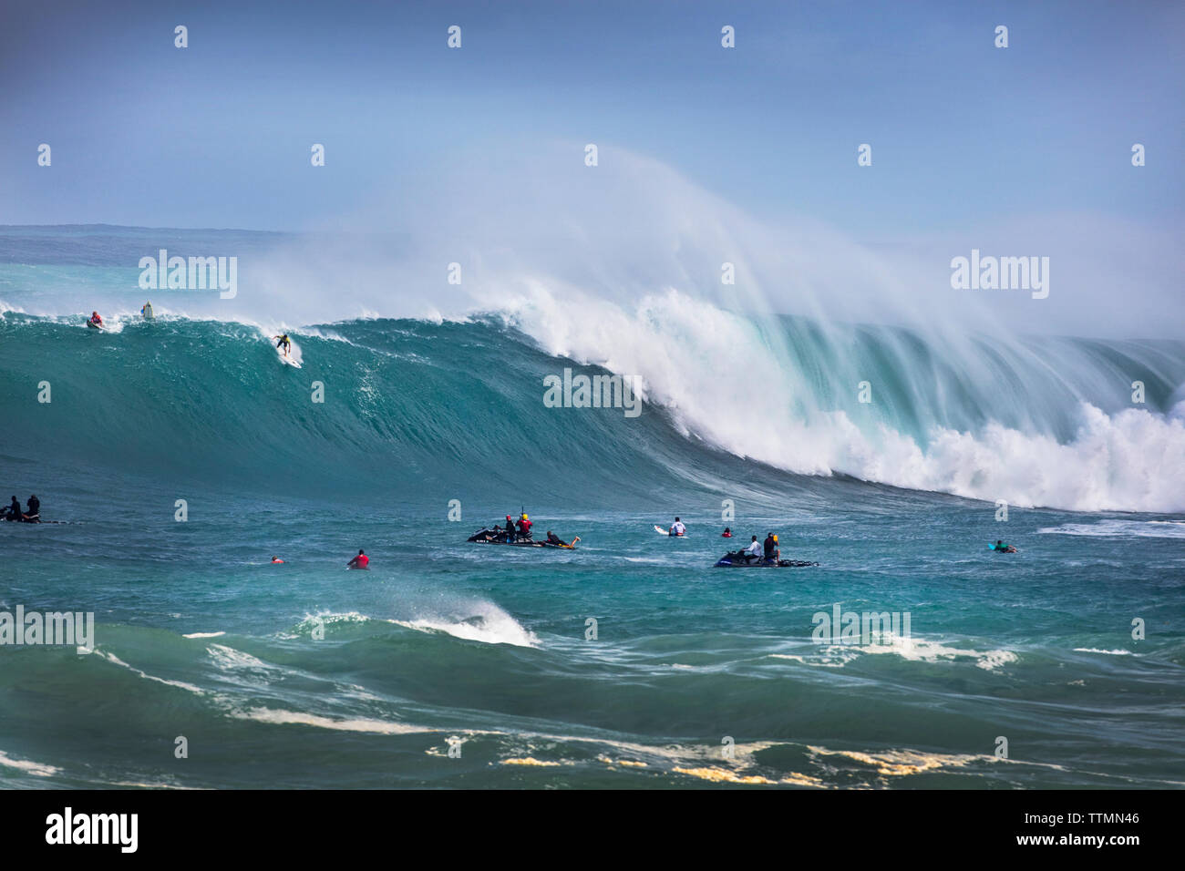 HAWAII, Oahu, North Shore, Eddie Aikau, 2016, surfers competing in the ...