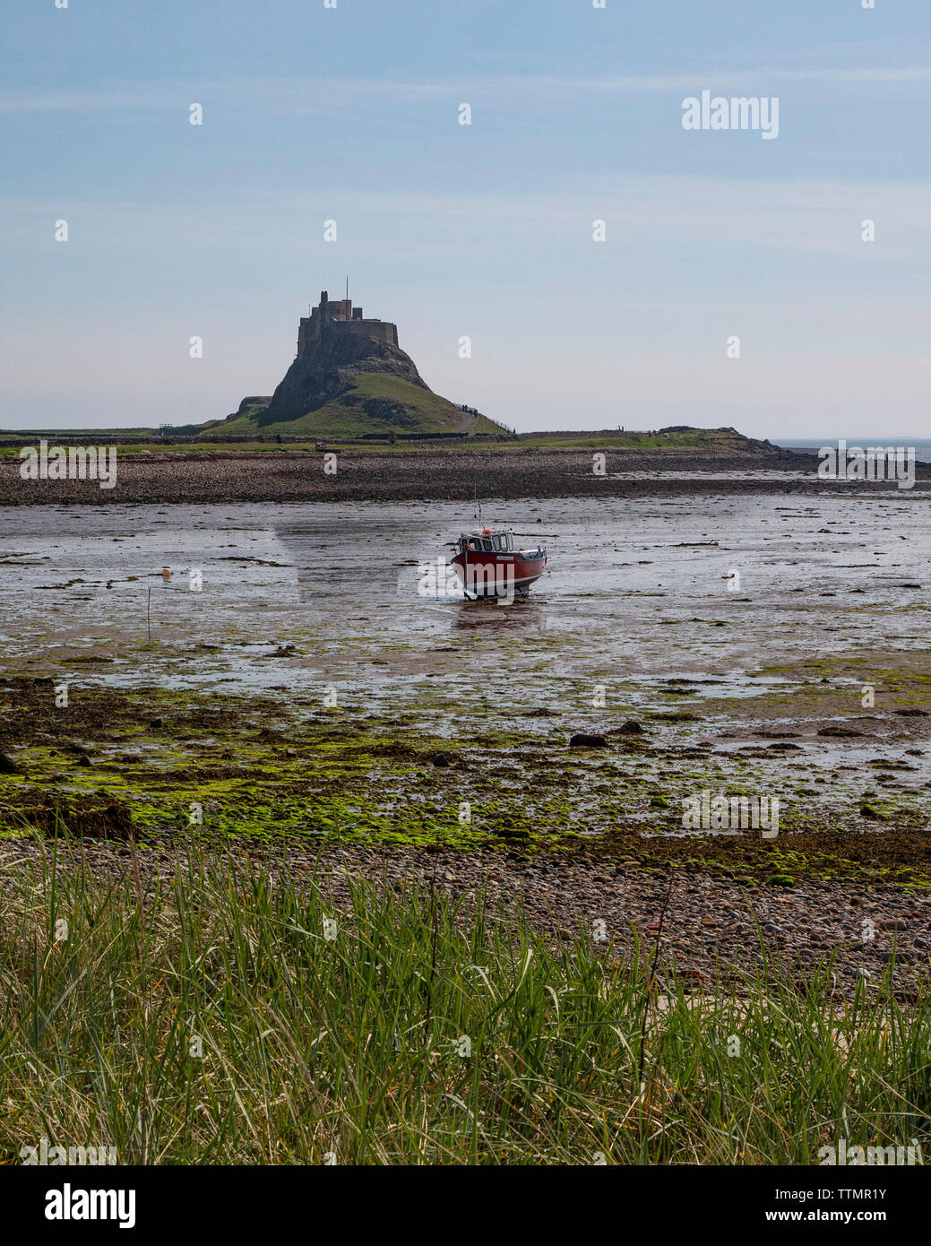 Lindisfarne castle on Holy Island seen at low tide Stock Photo - Alamy