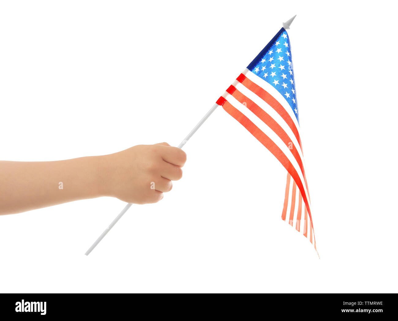 Hand holding American flag on white background Stock Photo - Alamy