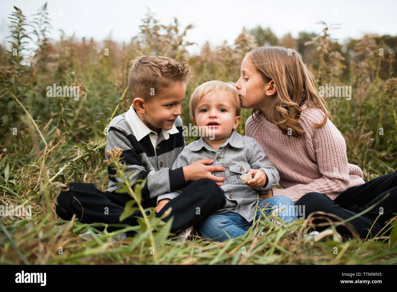 Portrait of cute baby boy with siblings sitting on grassy field in ...