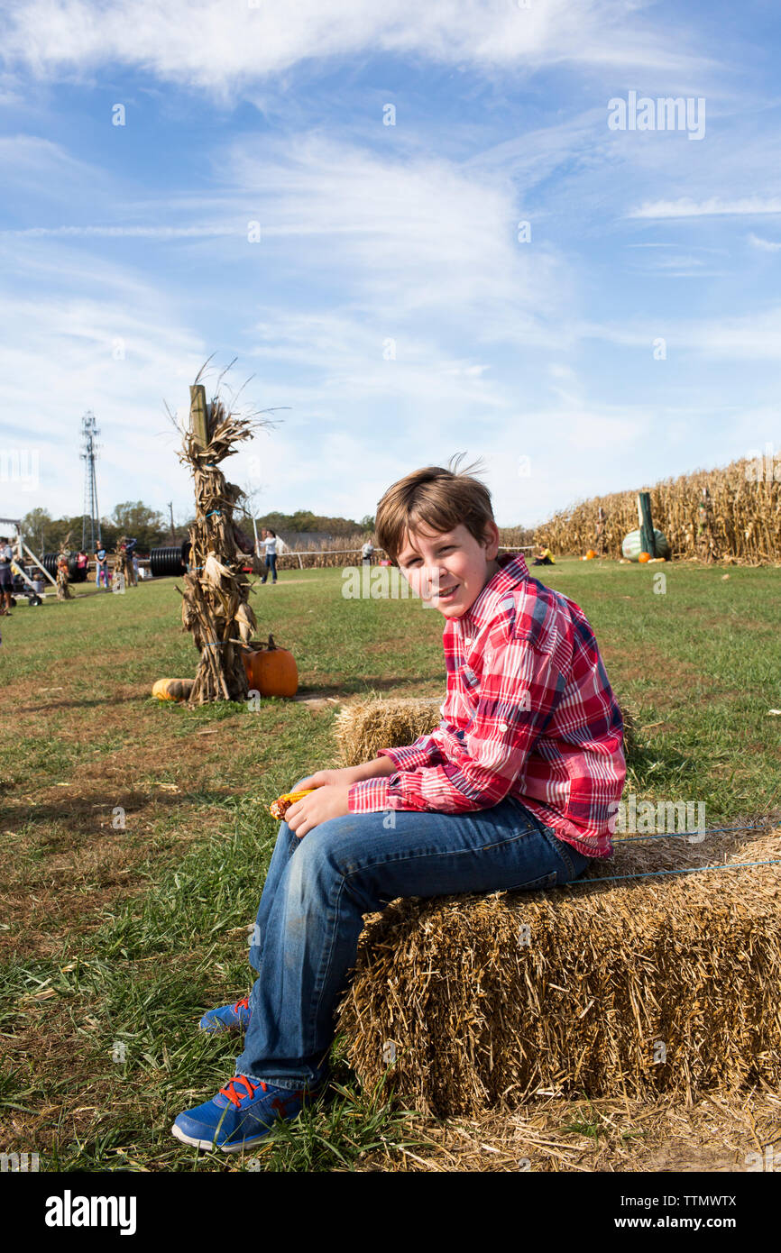 Close Up Tween Boy in Red Plaid Shirt Sitting on Hay Bale at Farm Stock ...