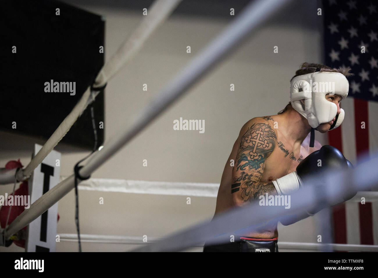 Shirtless boxer practicing in boxing ring at gym Stock Photo - Alamy