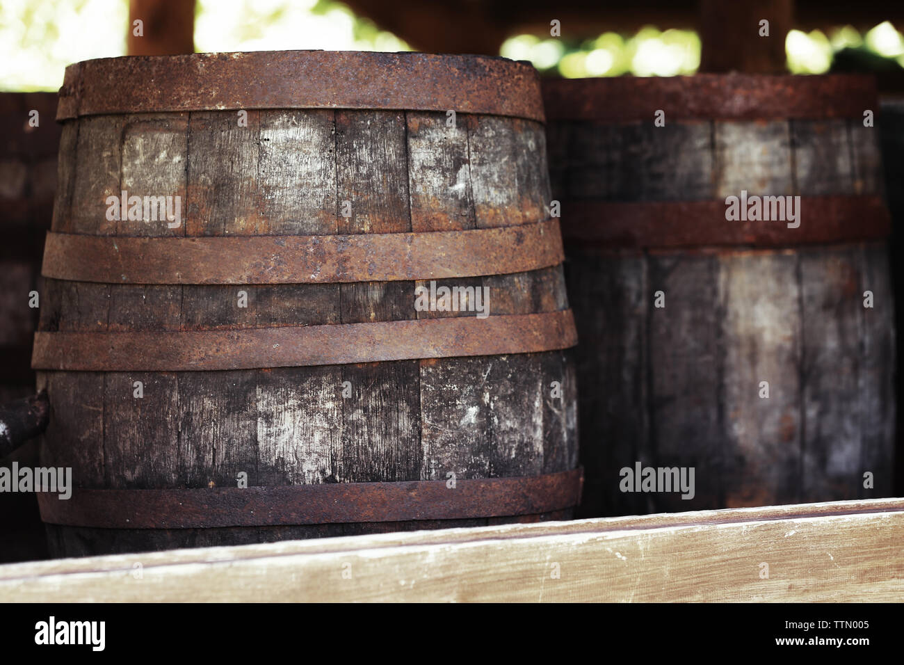 Old wooden barrels outdoor Stock Photo - Alamy