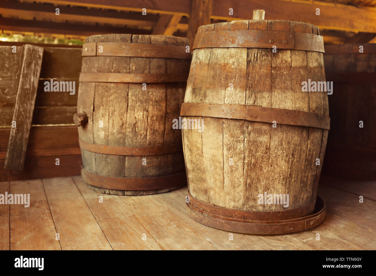 Old wooden barrels outdoor Stock Photo - Alamy