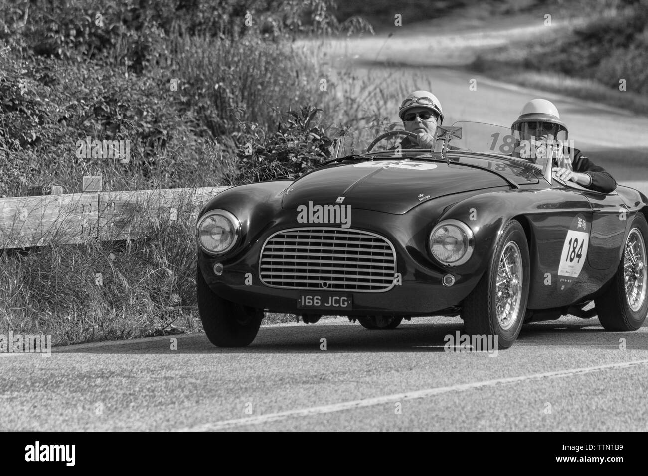 FERRARI 166 MM SPIDER TOURING 1950 on an old racing car in rally Mille ...