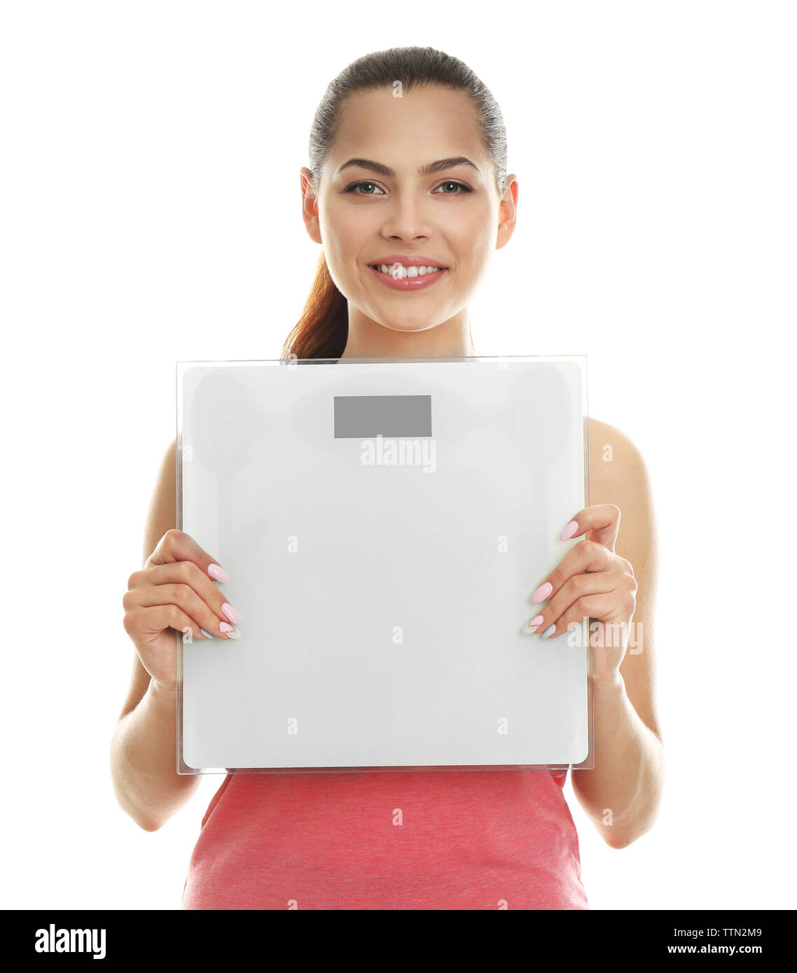 Beautiful girl with scales on white background Stock Photo - Alamy