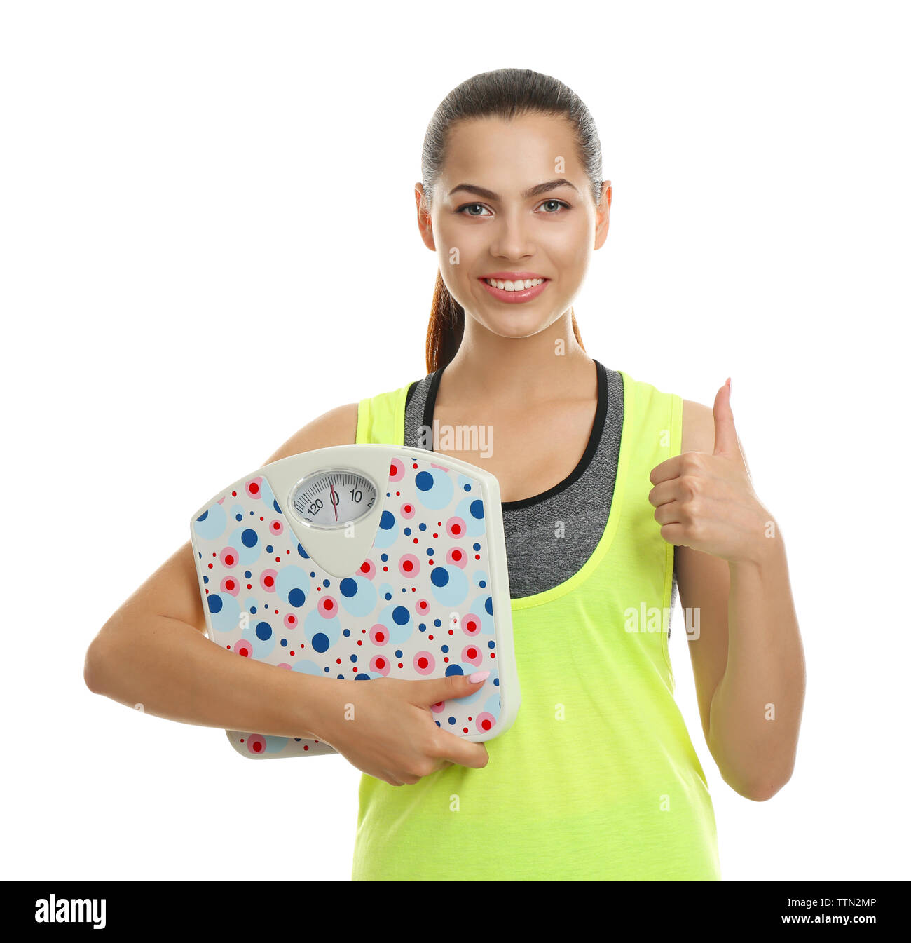 Beautiful girl with scales on white background Stock Photo - Alamy