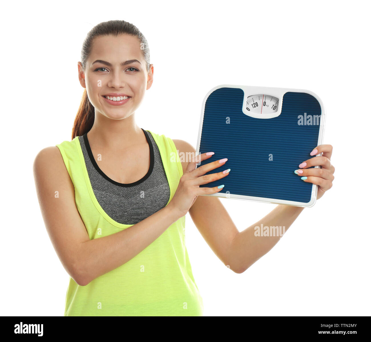 Beautiful girl with scales on white background Stock Photo - Alamy