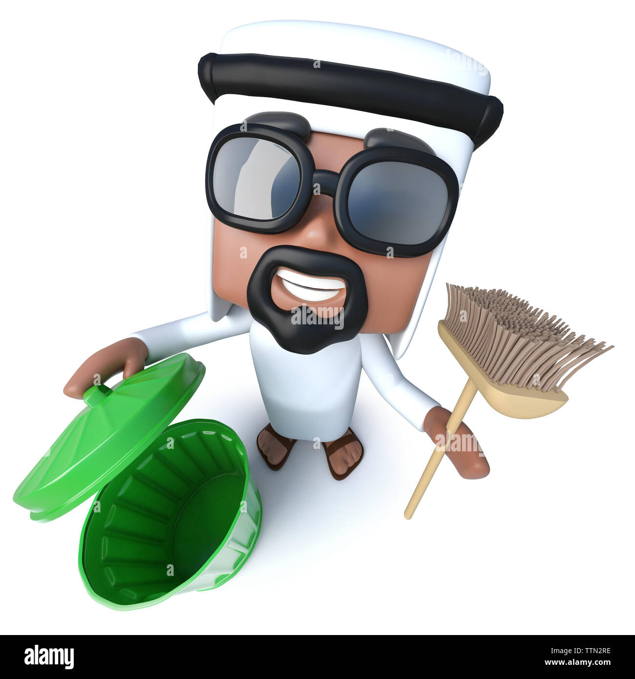 3d render of a funny cartoon Arab sheik character cleaning with a broom ...