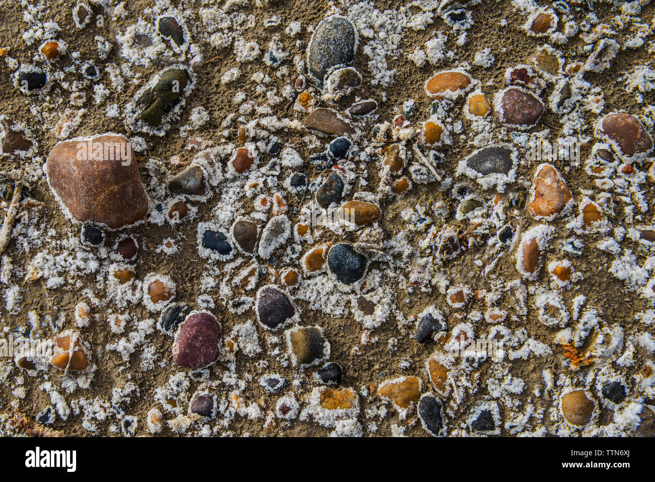 Overhead view of pebbles on sand Stock Photo - Alamy