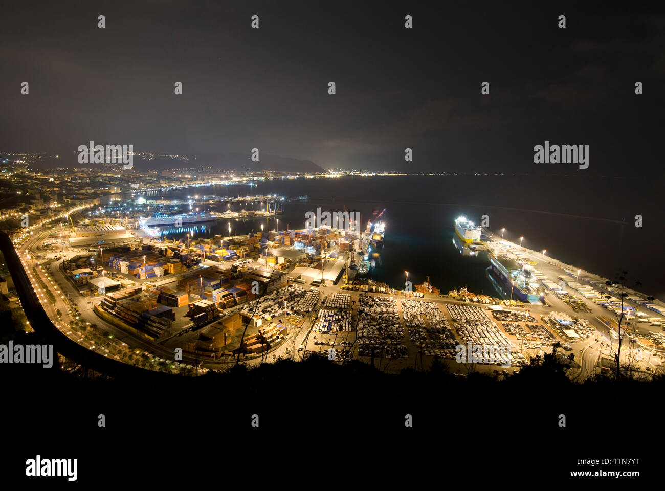 Aerial view of Shipyard in city at night Stock Photo - Alamy