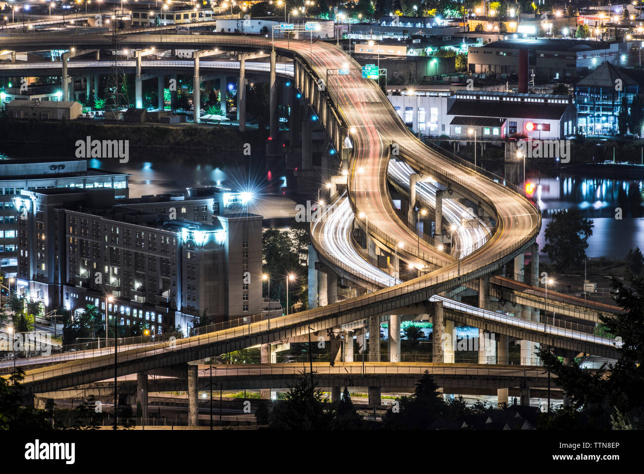 High angle view of elevated roads in city at night Stock Photo - Alamy