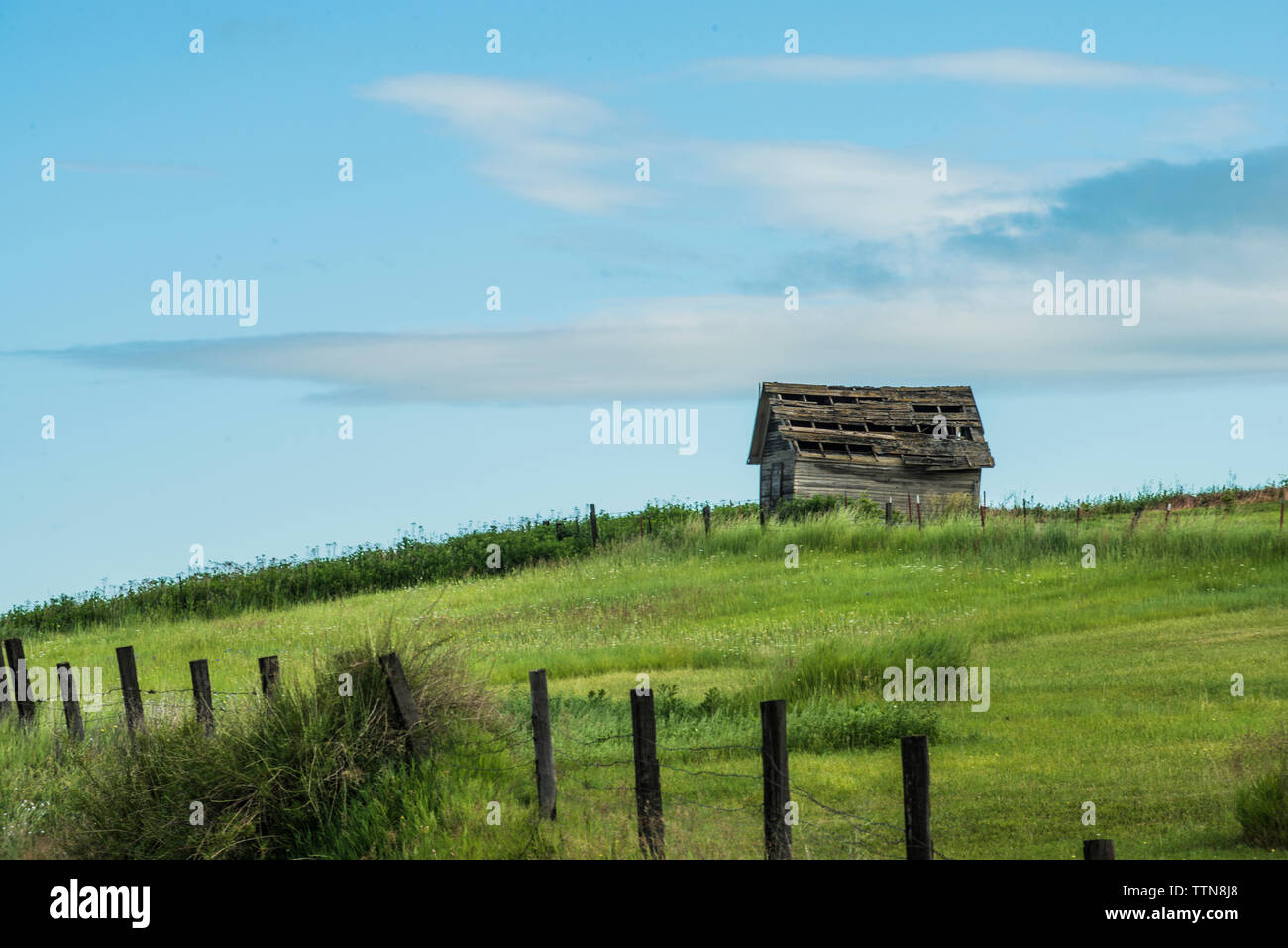 Scenic view of old wooden barn on hill against sky Stock Photo - Alamy