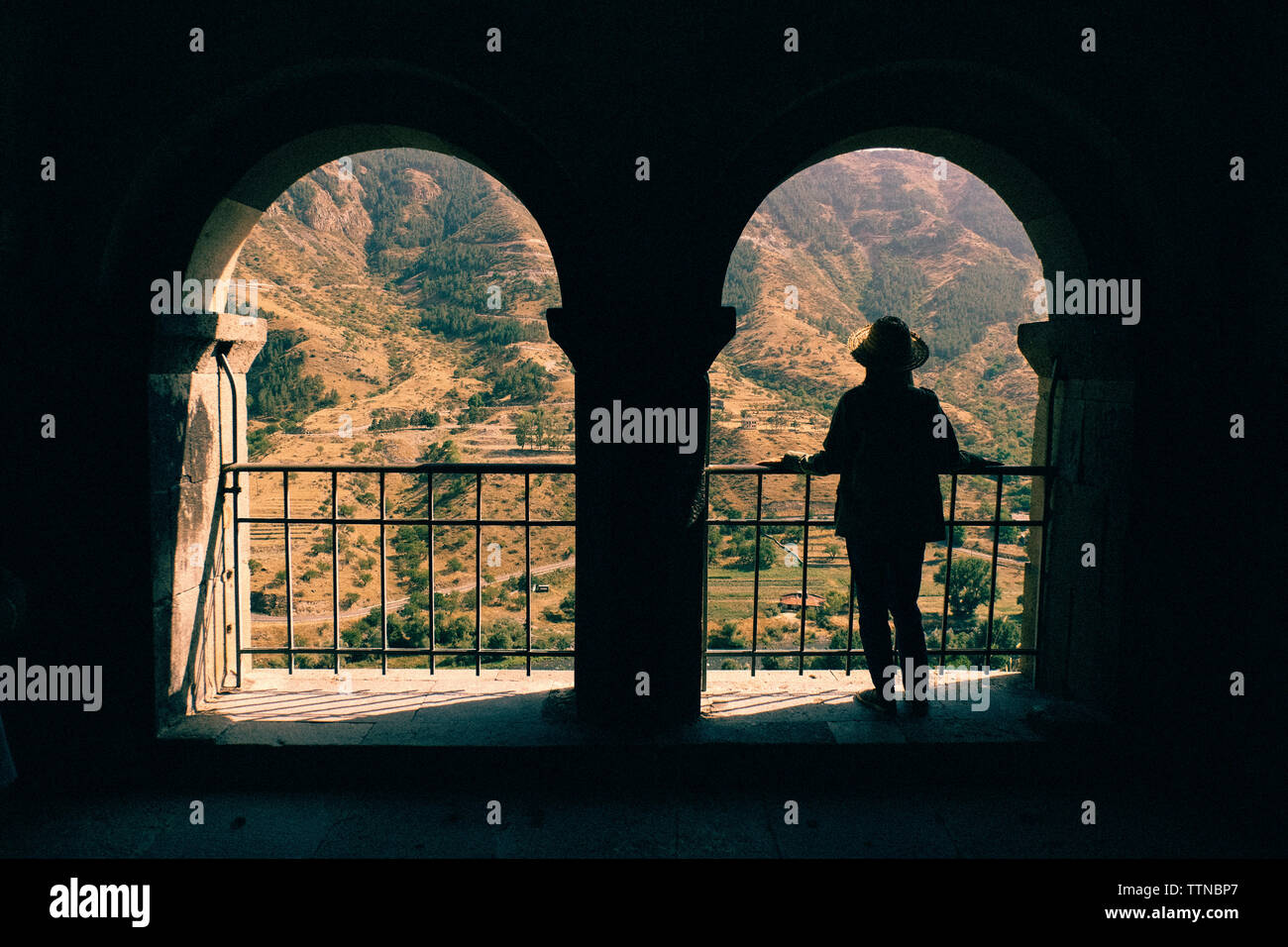 Rear view of silhouette woman looking at mountain while standing on ...