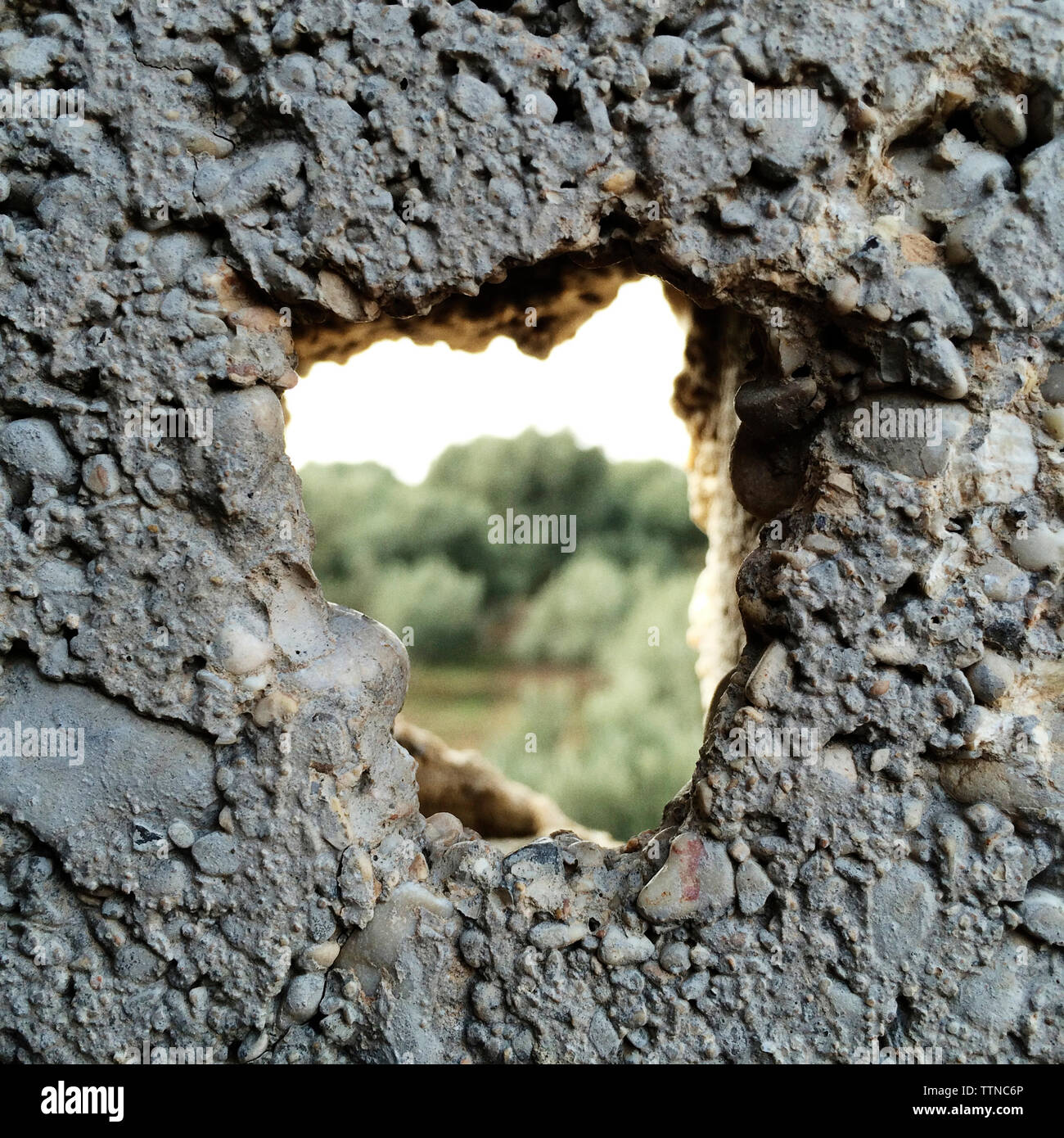 Hole in stone wall with trees in background Stock Photo - Alamy