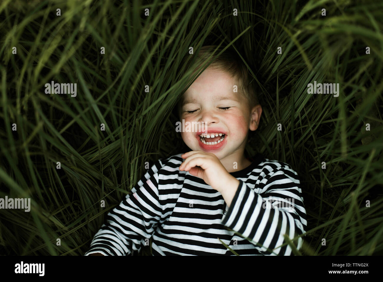 Smiling boy lying on green grass Stock Photo - Alamy