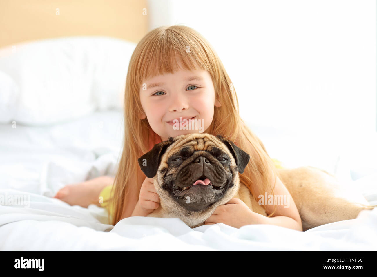 Beautiful girl and cute pug on bed Stock Photo - Alamy