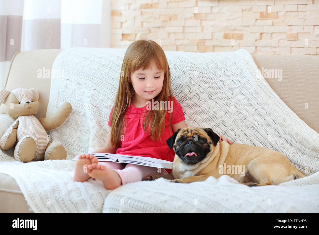 Adorable little girl reading book with cute pug on bed Stock Photo - Alamy