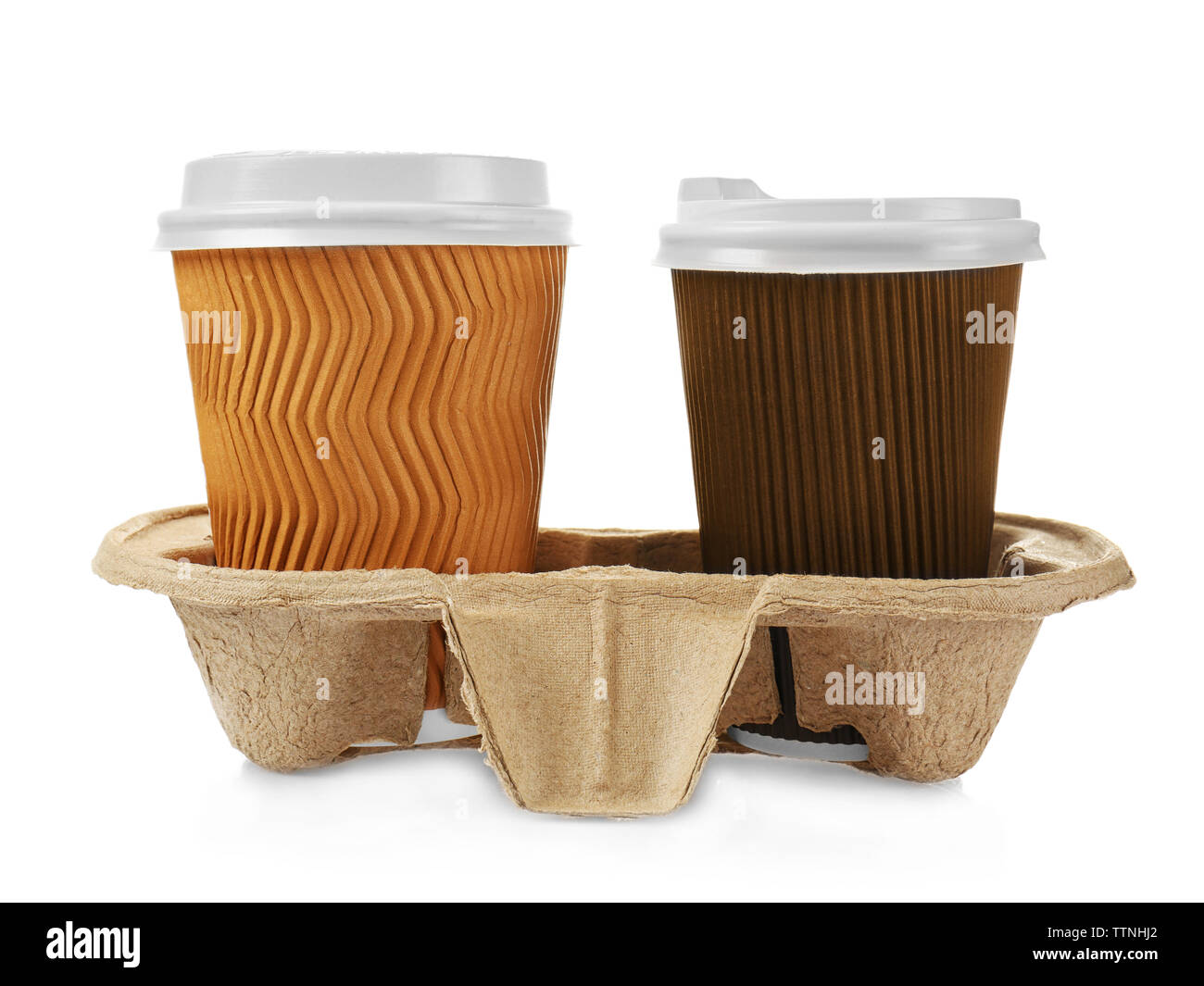 Coffee cardboard cups on a stand isolated on white Stock Photo - Alamy