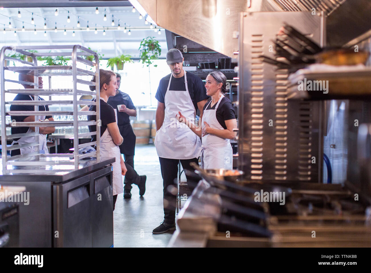 Female chef discussing with coworkers in restaurant kitchen Stock Photo ...
