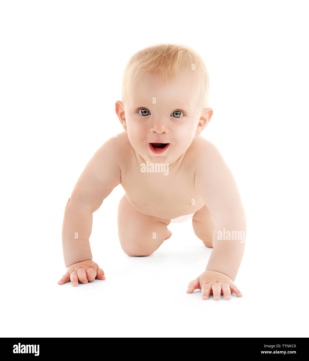 Baby crawling on white background Stock Photo - Alamy