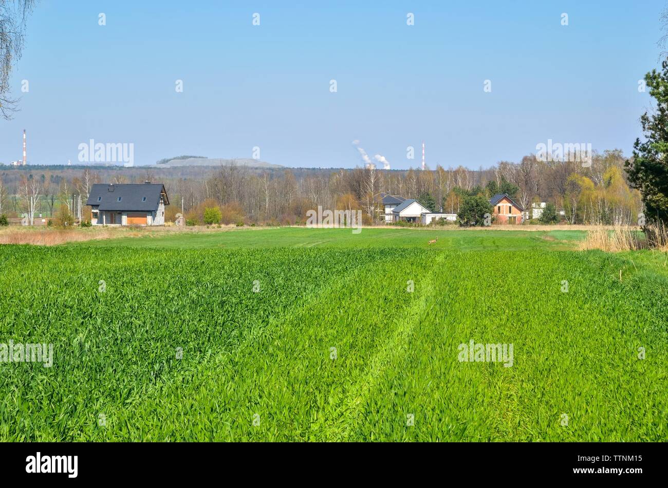 Spring rural landscape. Construction of a new home in the countryside ...