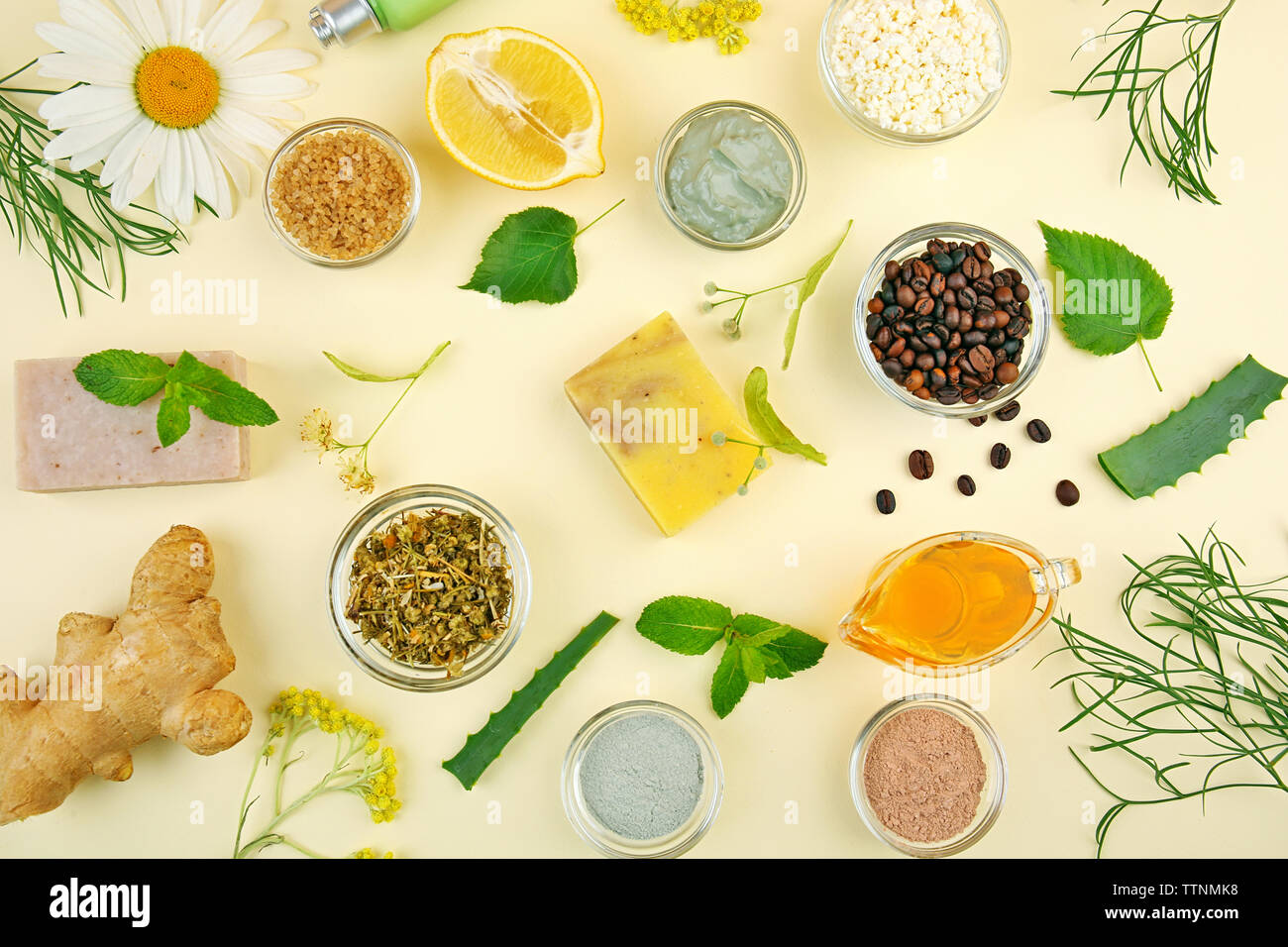 Natural ingredients for skin care on light background Stock Photo - Alamy