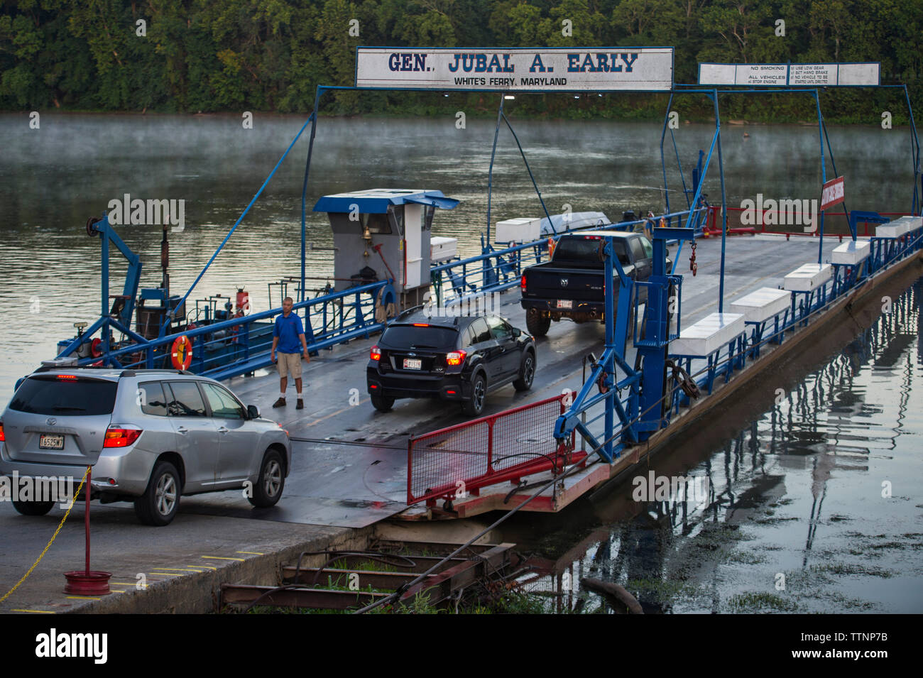 UNITED STATES - August 15, 2016: Josh Webster ferry operator at Whites ...