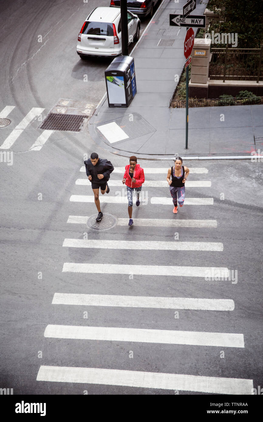Overhead view of athletes running on zebra crossing on city street ...