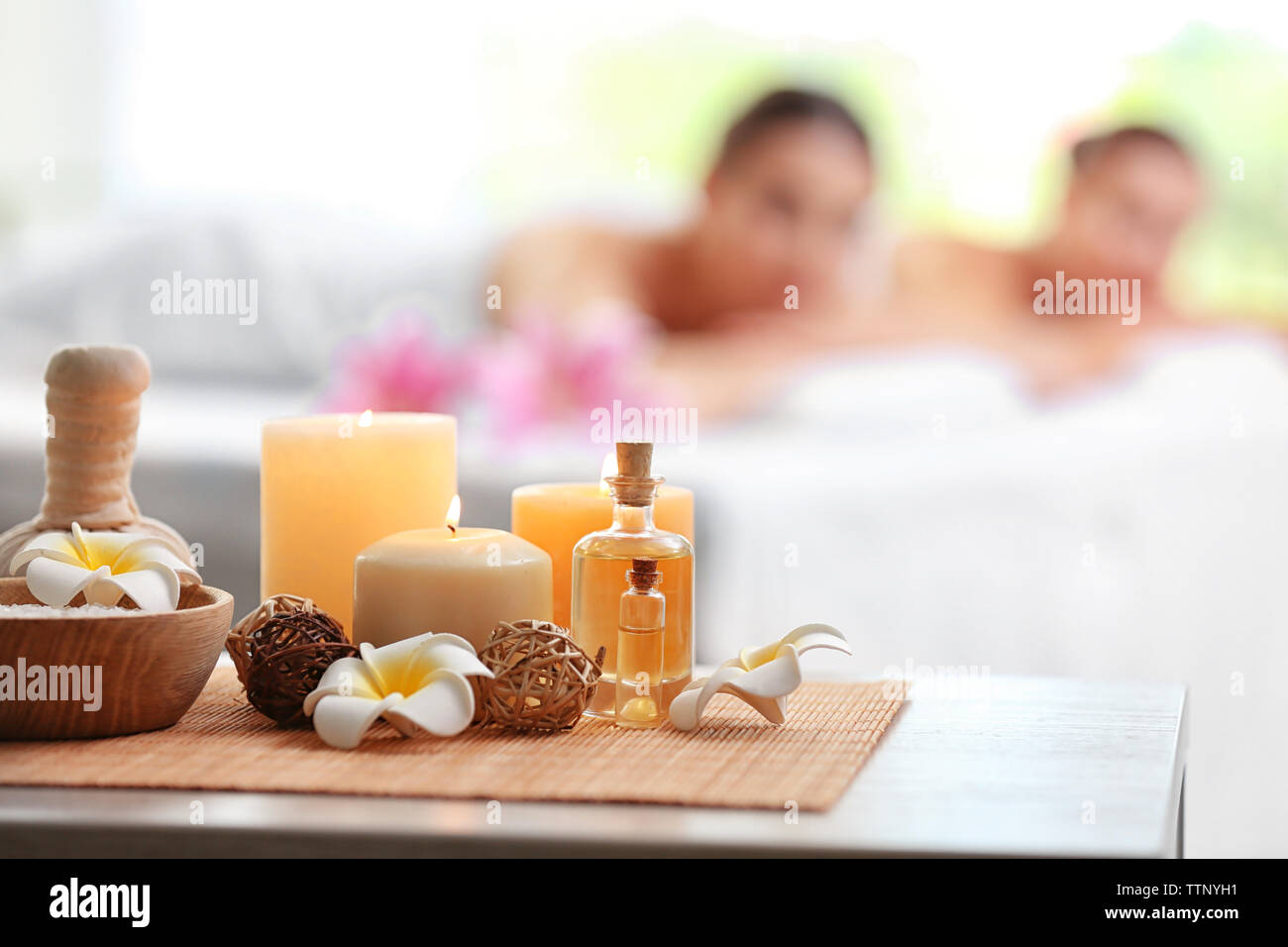 Spa composition and girls on blurred background Stock Photo - Alamy