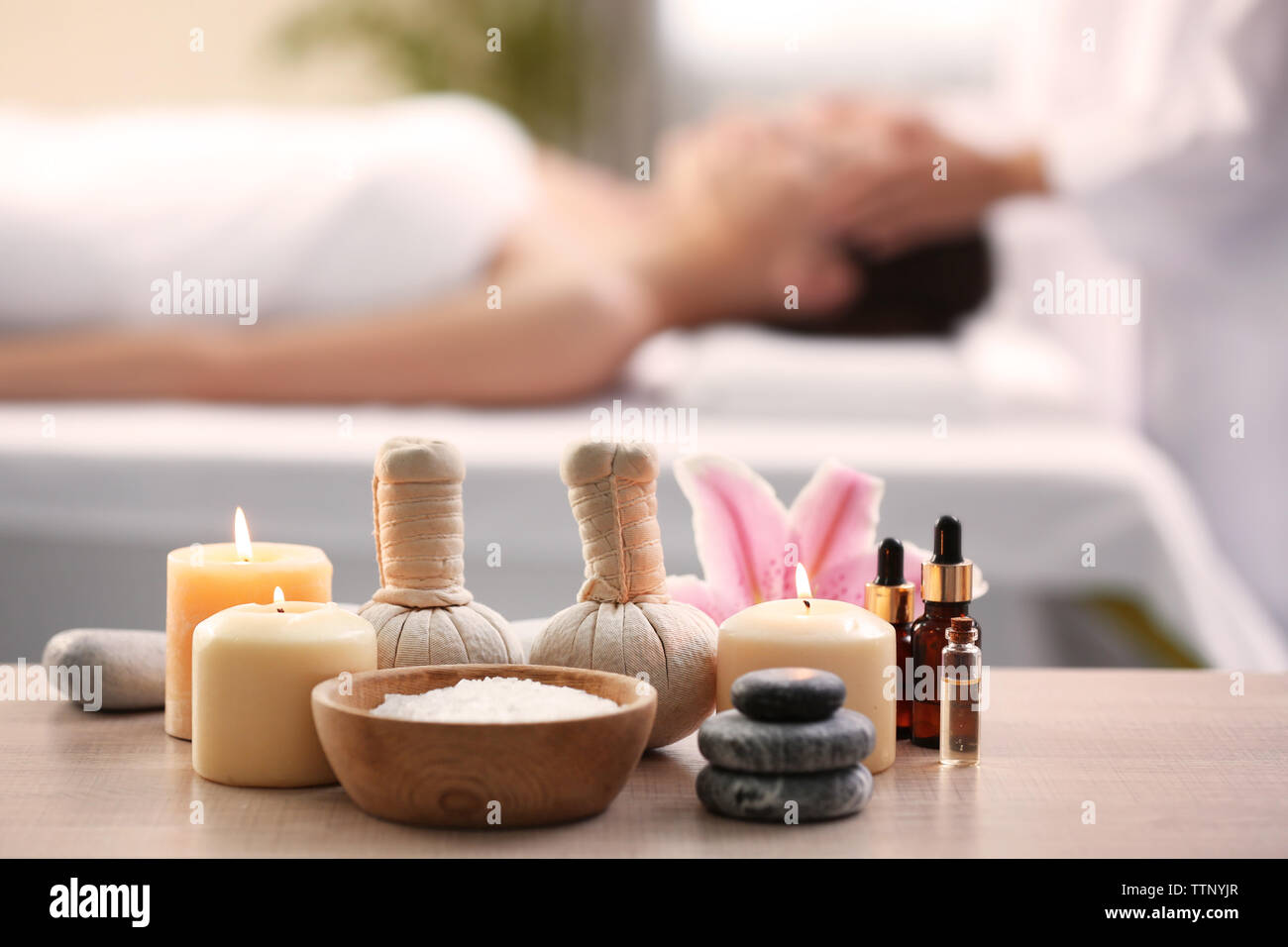 Spa composition and girls on blurred background Stock Photo - Alamy