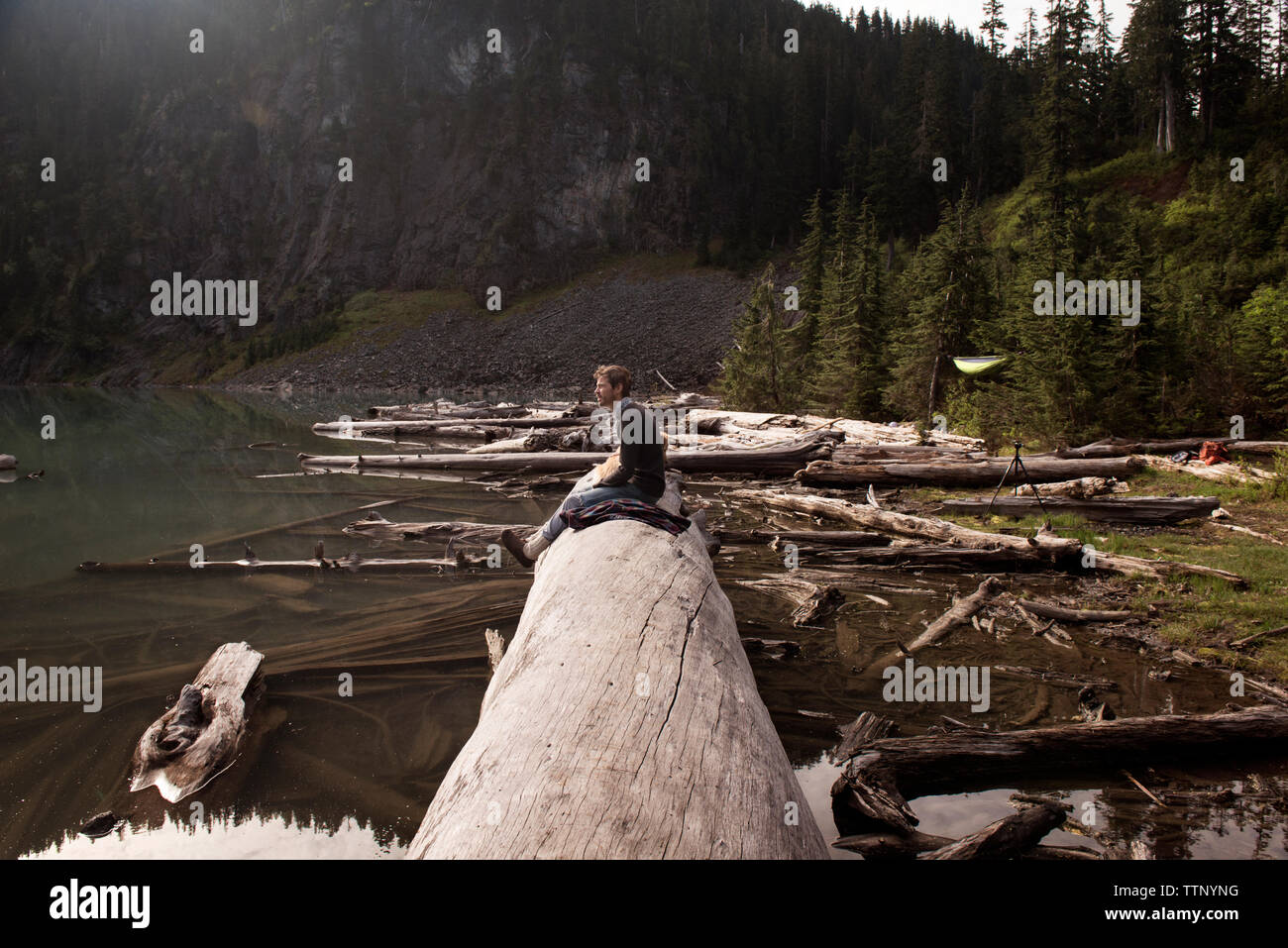Man sitting on log at Blanca Lake Stock Photo - Alamy
