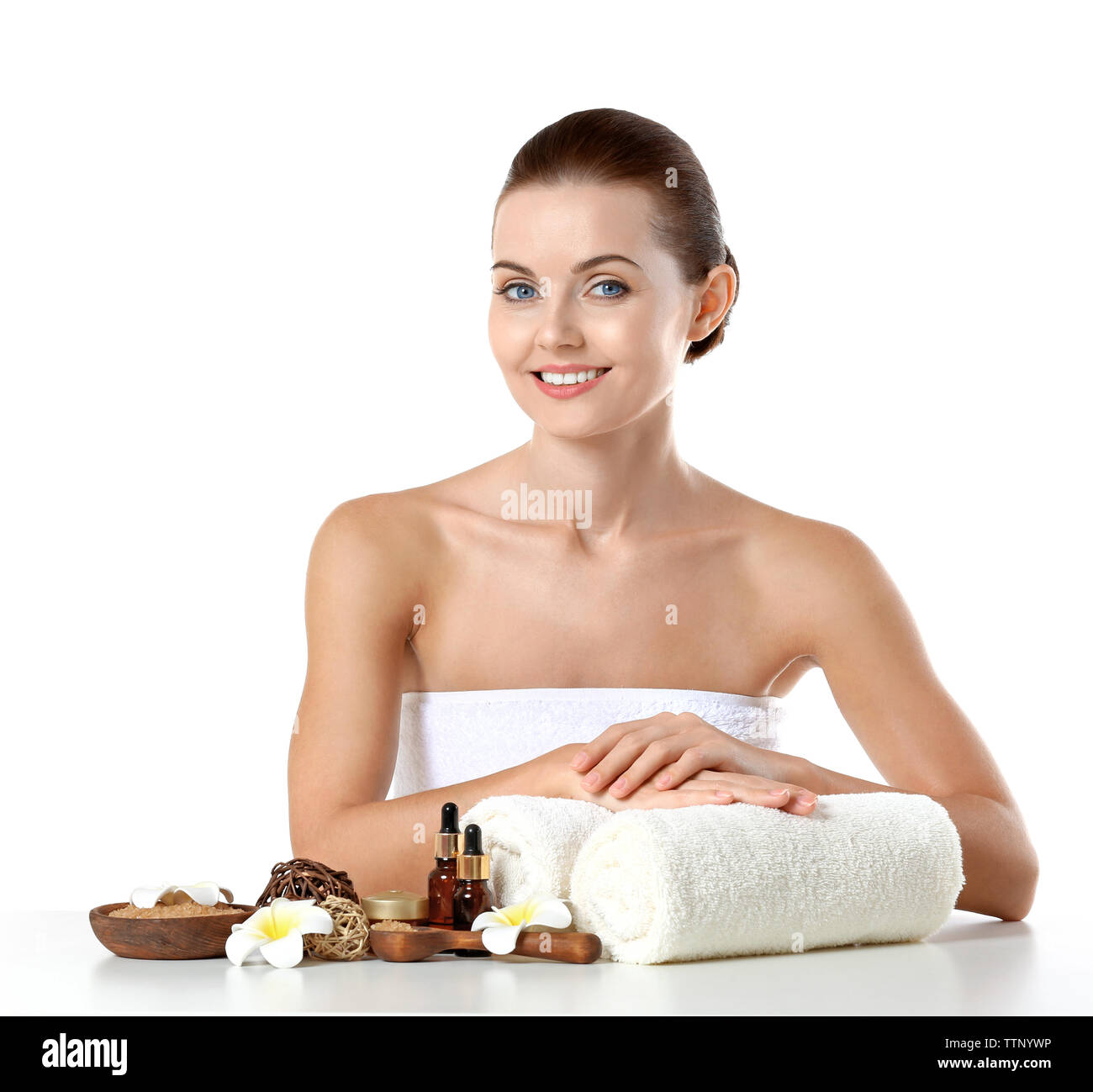 Beautiful girl with spa composition, isolated on white Stock Photo - Alamy